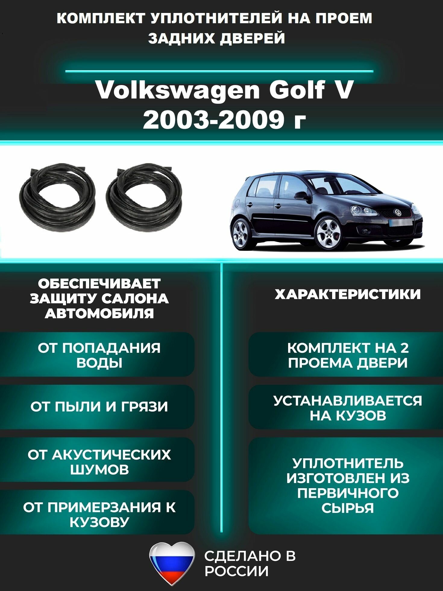 Комплект уплотнителей проема задних дверей для Volkswagen Golf V 2003-2009 г, Фольксваген Гольф 5 поколение - 2 штуки