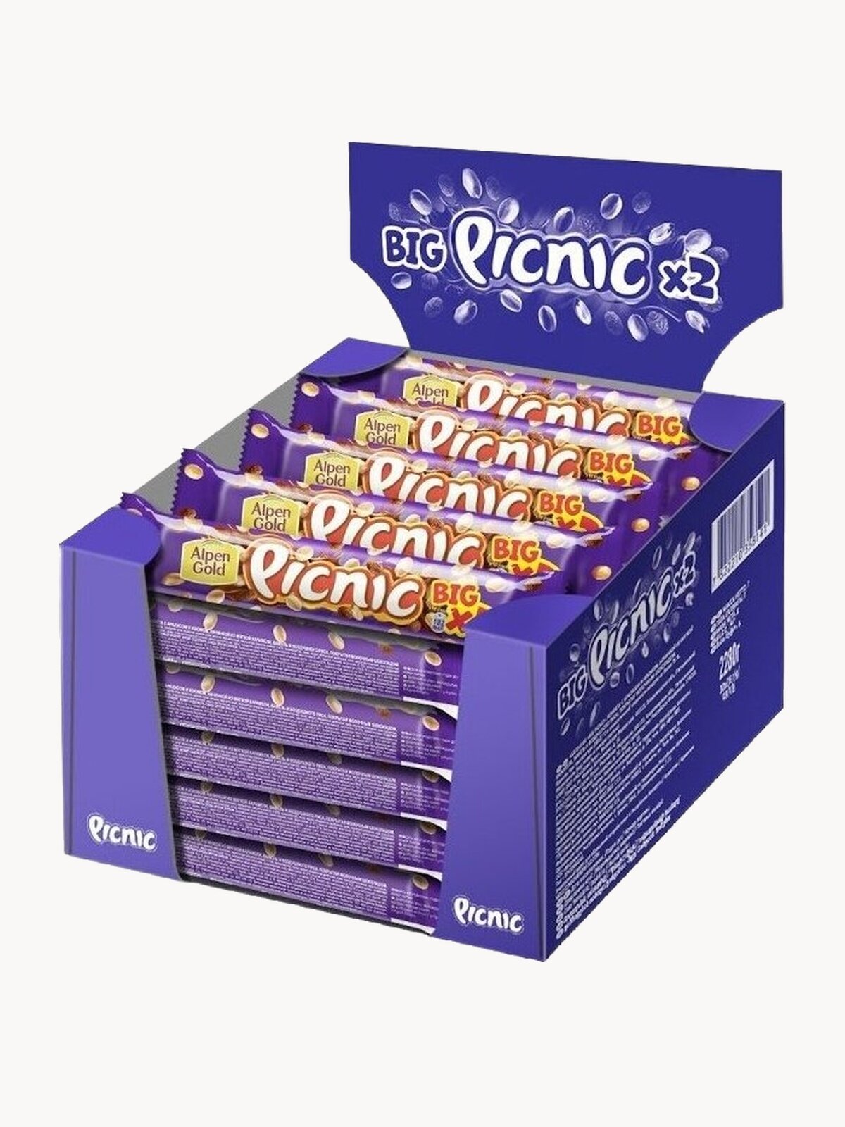 Big Picnic батончик с арахисом и изюмом, начинкой из мягкой карамели, вафель и воздушного риса, покрытый молочным шоколадом, упаковка 30шт x76 г