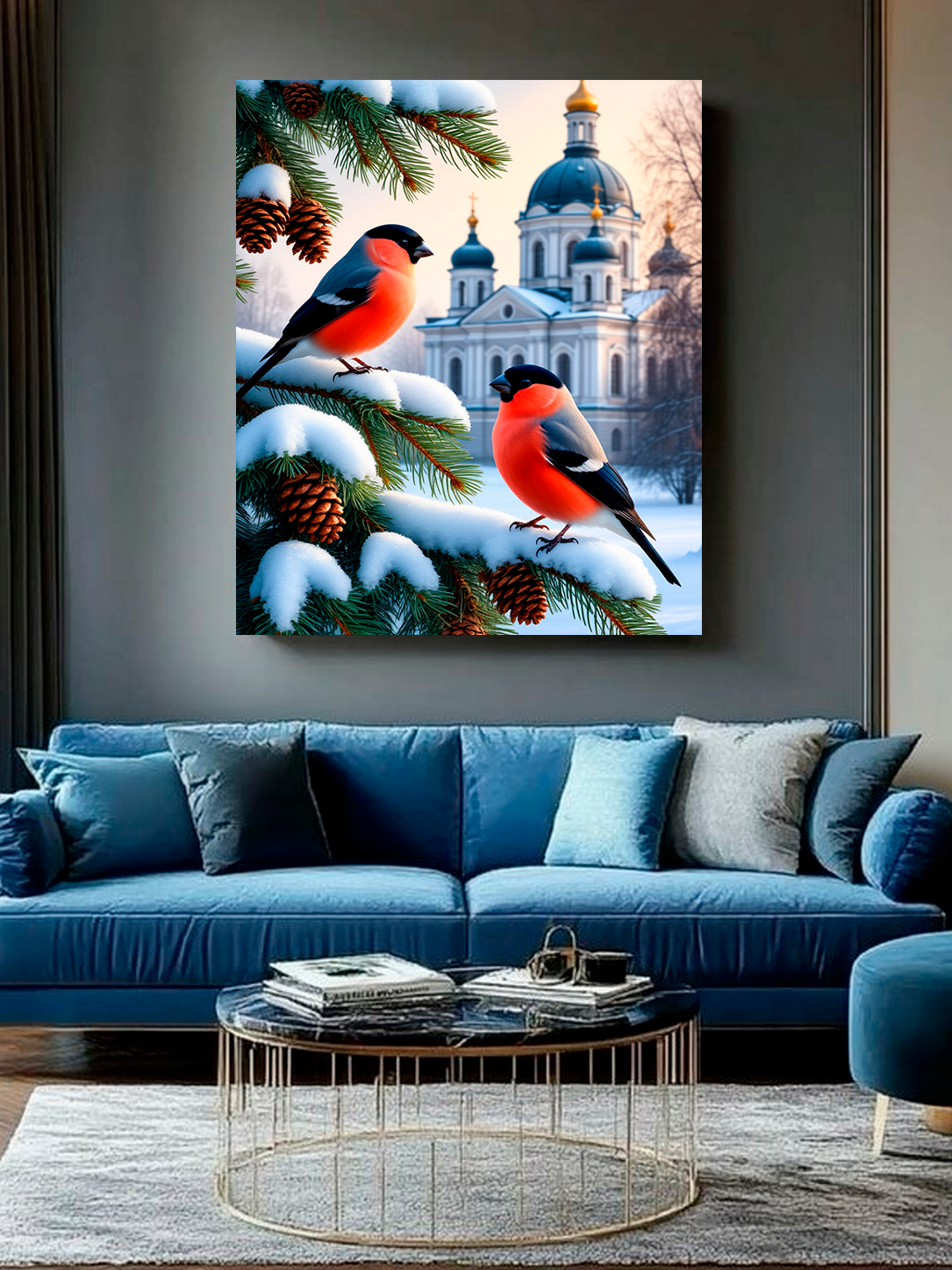 Картина на стену для интерьера "Снегири" 40х50 см, холст на подрамнике, InterHobby