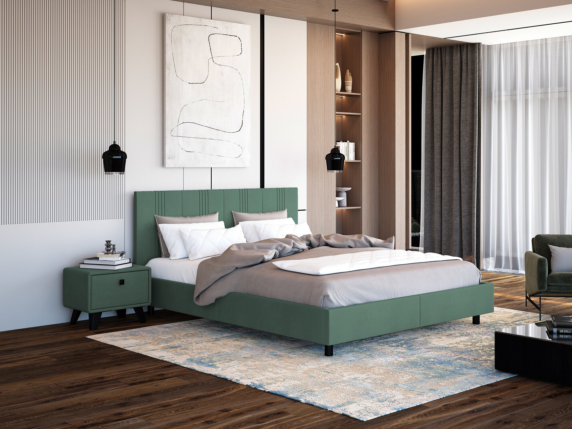 Кровать мягкая эталон 160*200, двуспальная, без подъёмного механизма, нефрит, с мягким изголовьем.167*206*97.5