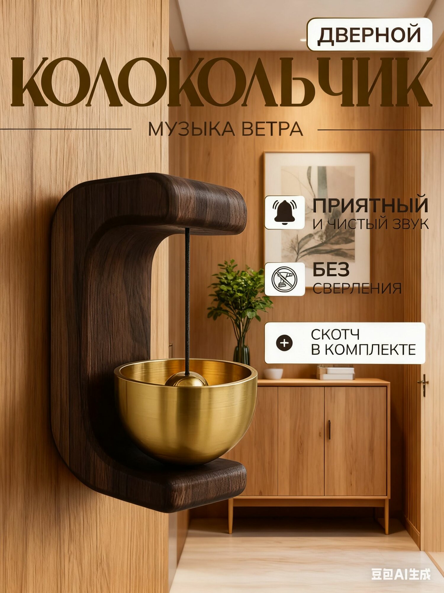 Дверной колокольчик на входную дверь, декоративный, темный бук, интерьер дома