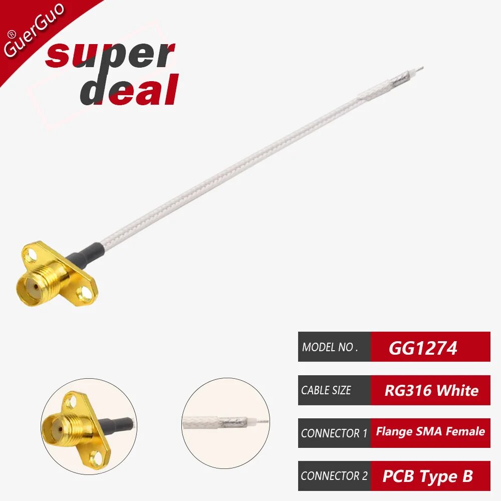 GuerGuo RG316 коаксиальный кабель SMA female для пайки 5CM, SMA 2HF to PCB B