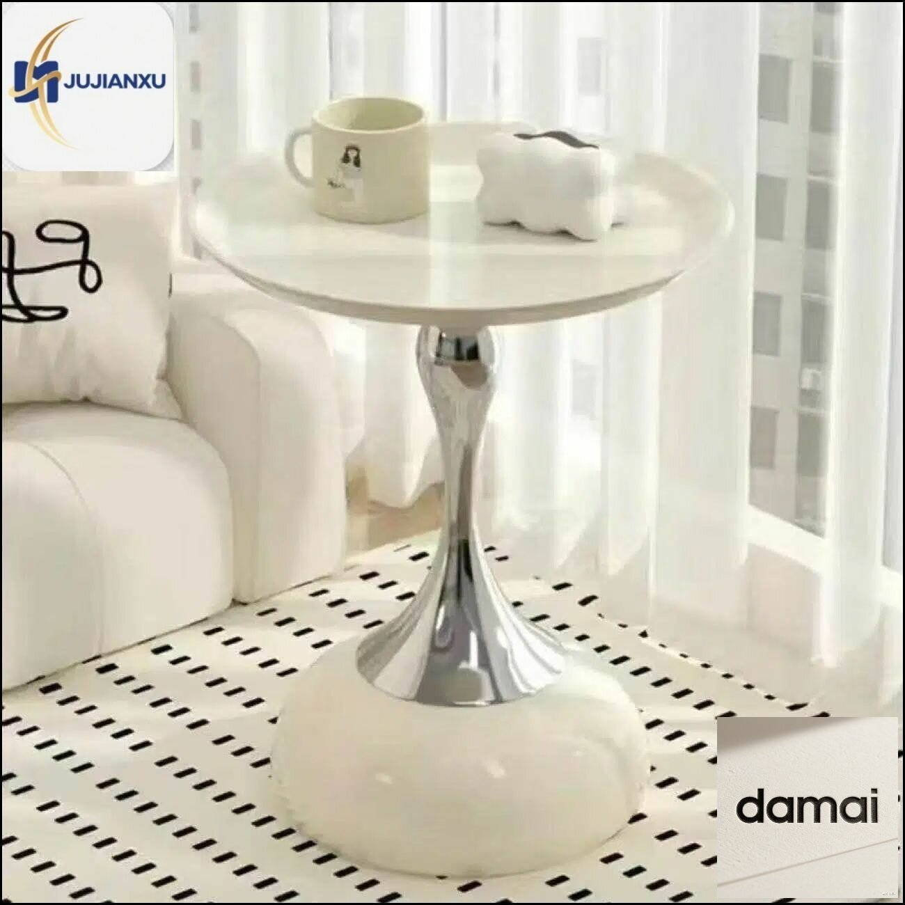 Кованый кофейный столик; маленький круглый стол; белая серебряная рама 40*40*55 см -X