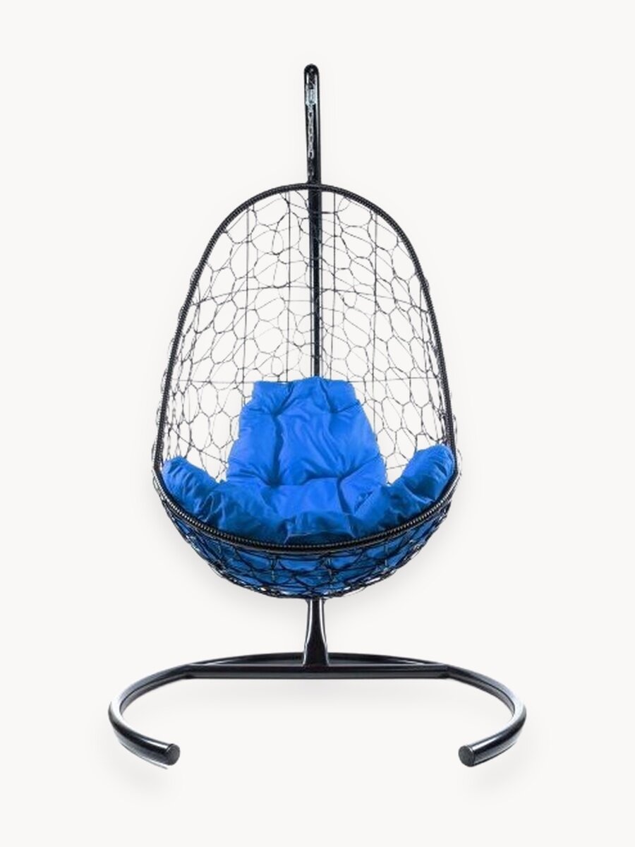 Подвесное кресло кокон M-group "Овал" с ротангом черное+синяя подушка