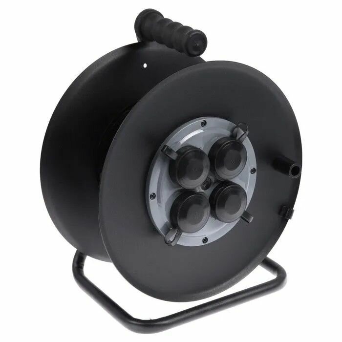 Катушка металлическая для удлинителя без кабеля, 4 гнезда с заземлением и крышками