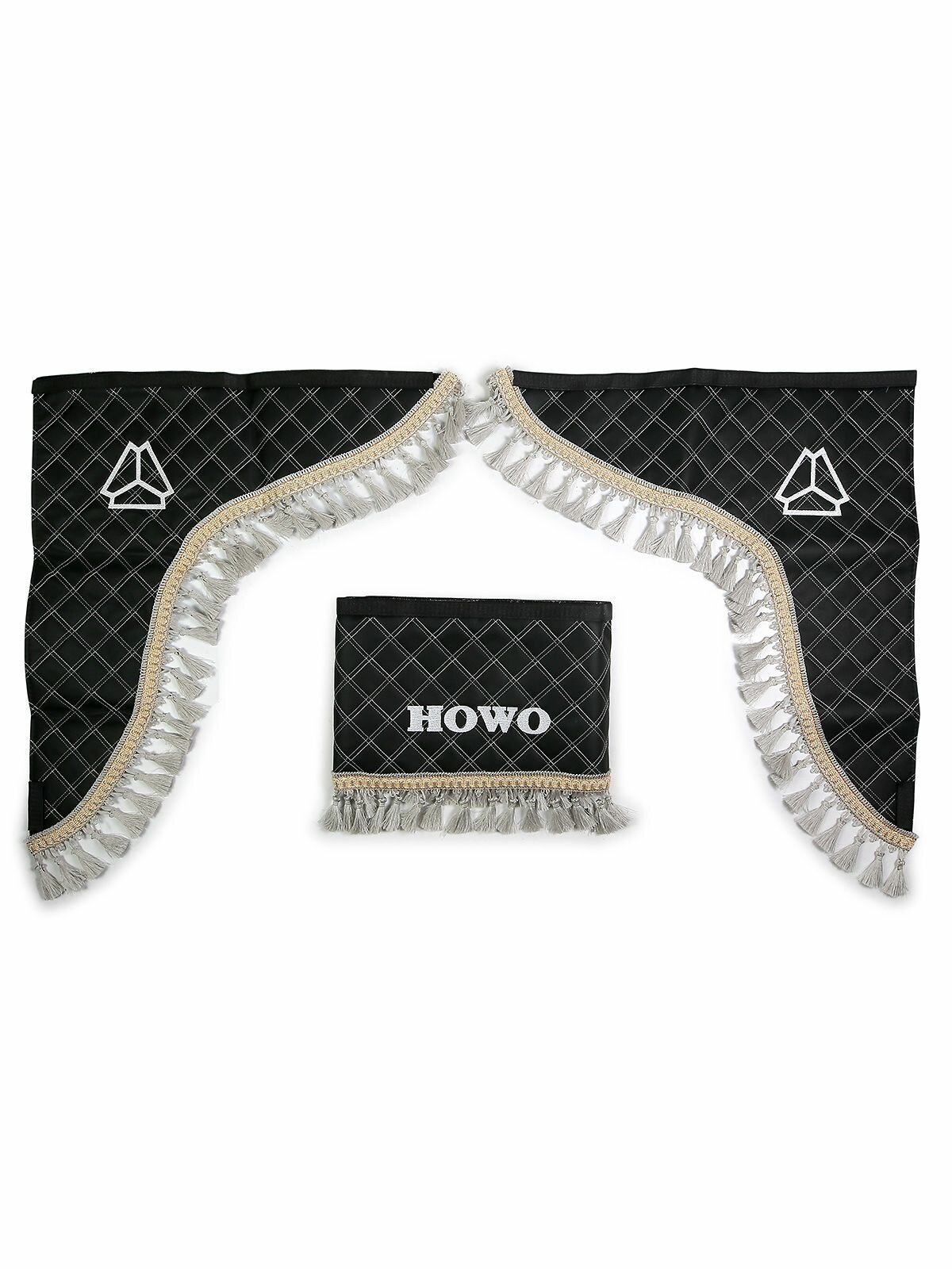 Ламбрекен лобавого стекла + угол с вышивкой для автомобиля "HOWO" Экокожа. Чёрный, с белой строчкой (25919)