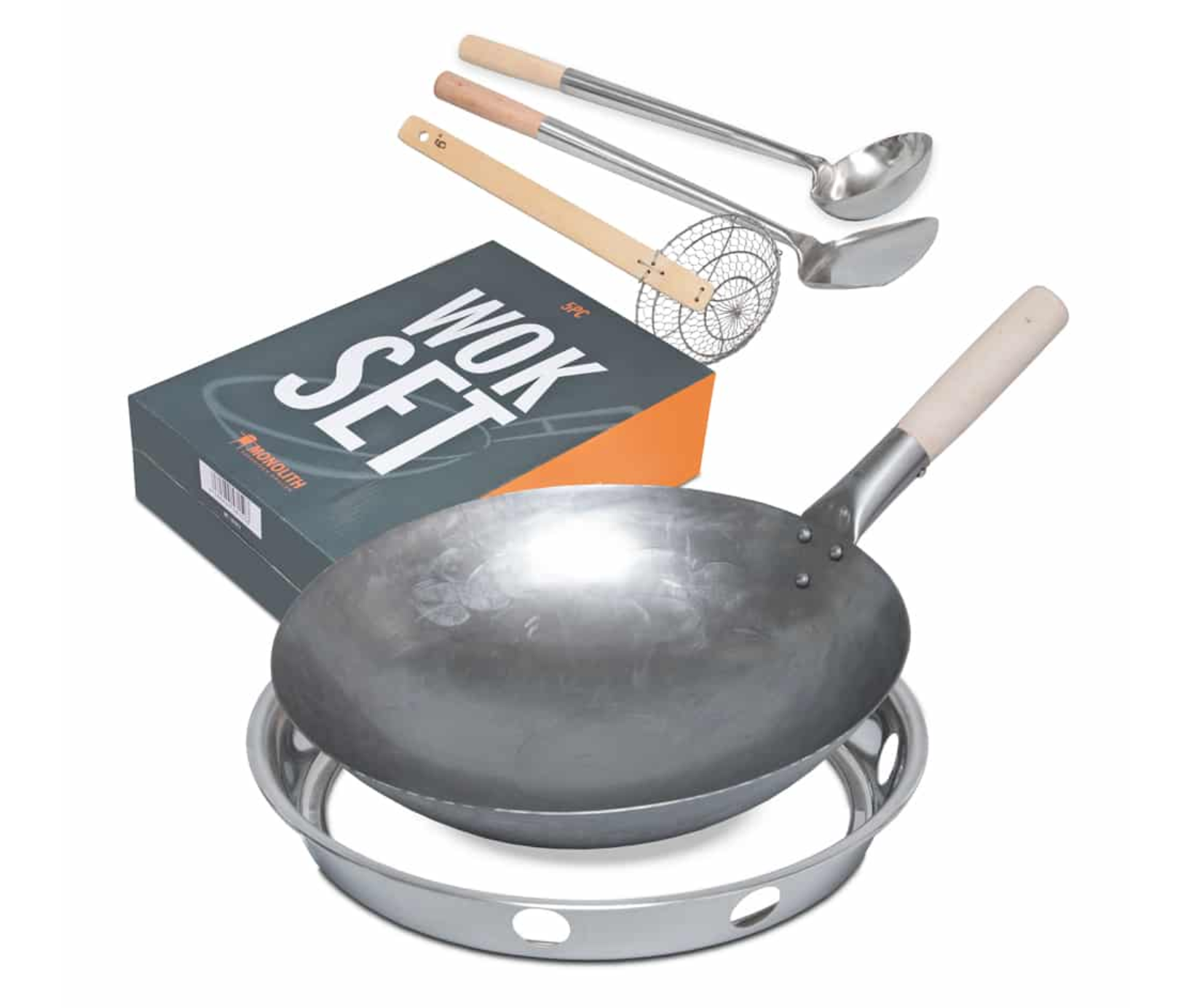 Комплект аксессуаров для WOK (сковорода Wok, подставка под сковороды, половник, лопатка, дуршлаг)