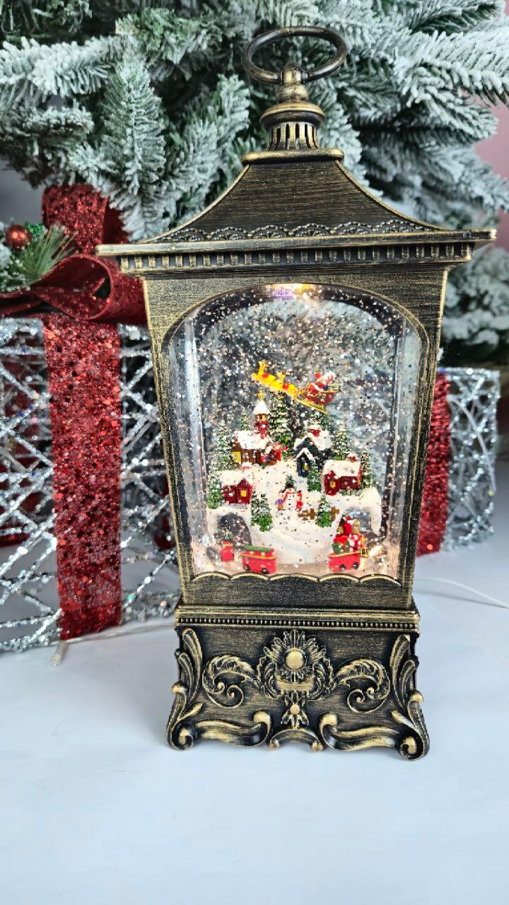 Новогодний фонарь-"Новогодняя ночь", музыкальный LED, 2 режима, USB, 3*АА, 35*16*16 см, цвет бронза