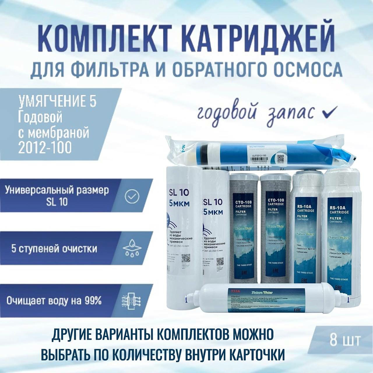 Сменные фильтры, комплект картриджей NatureWater"Умягчение 5 годовой" с мембраной 2012-100, совместим со всеми системами