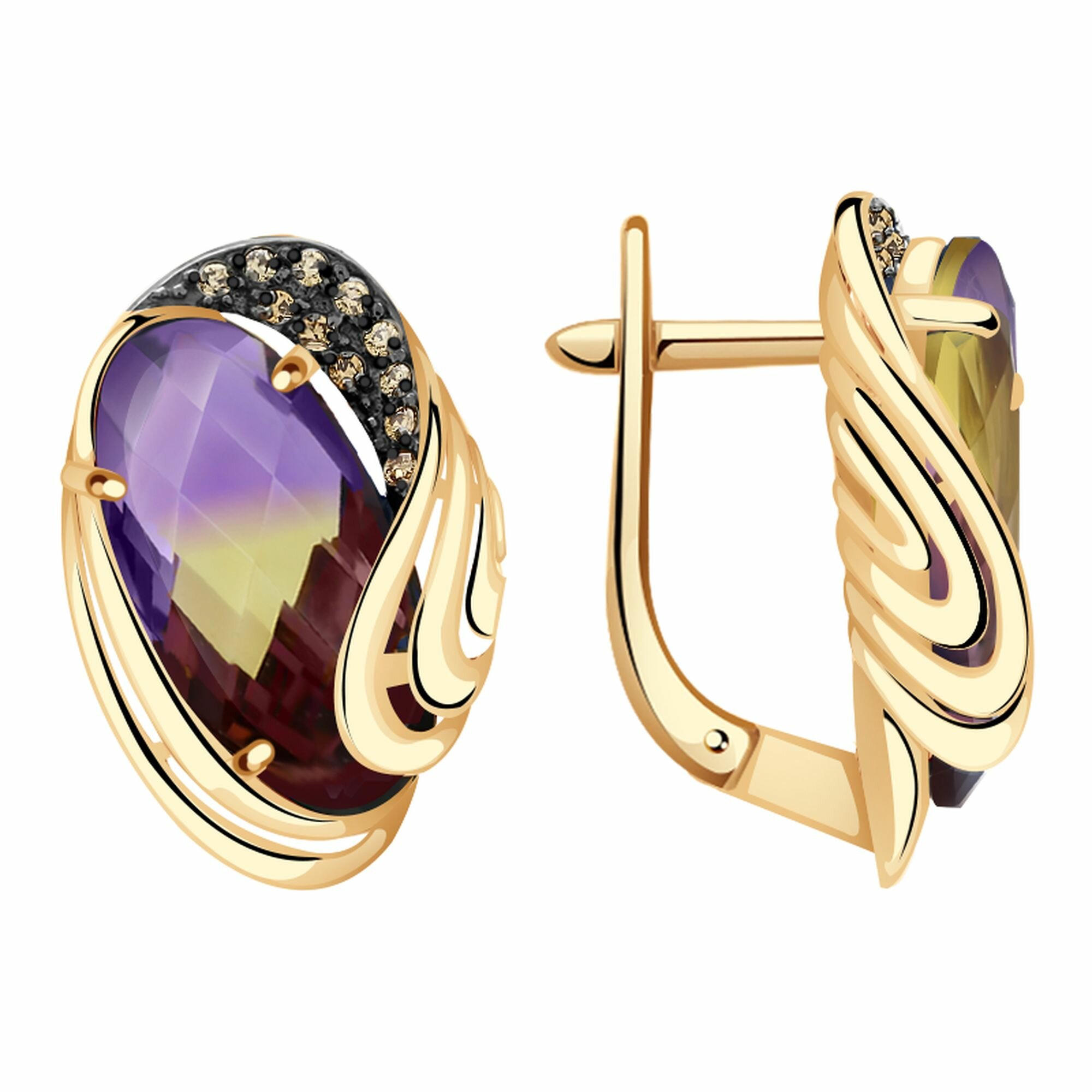 Серьги, красное золото, 585 проба, аметрин, фианит