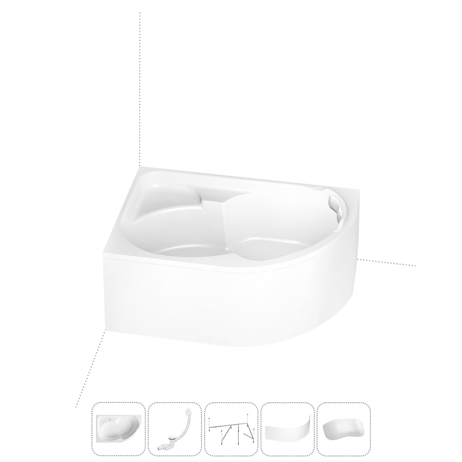 Угловая ванна акриловая 170 x 105 с каркасом и экраном Lavinia Boho Grance Hill 202011687 в наборе 5 в 1: асимметричная ванна (левый разворот), слив-перелив, каркас, экран, подголовник