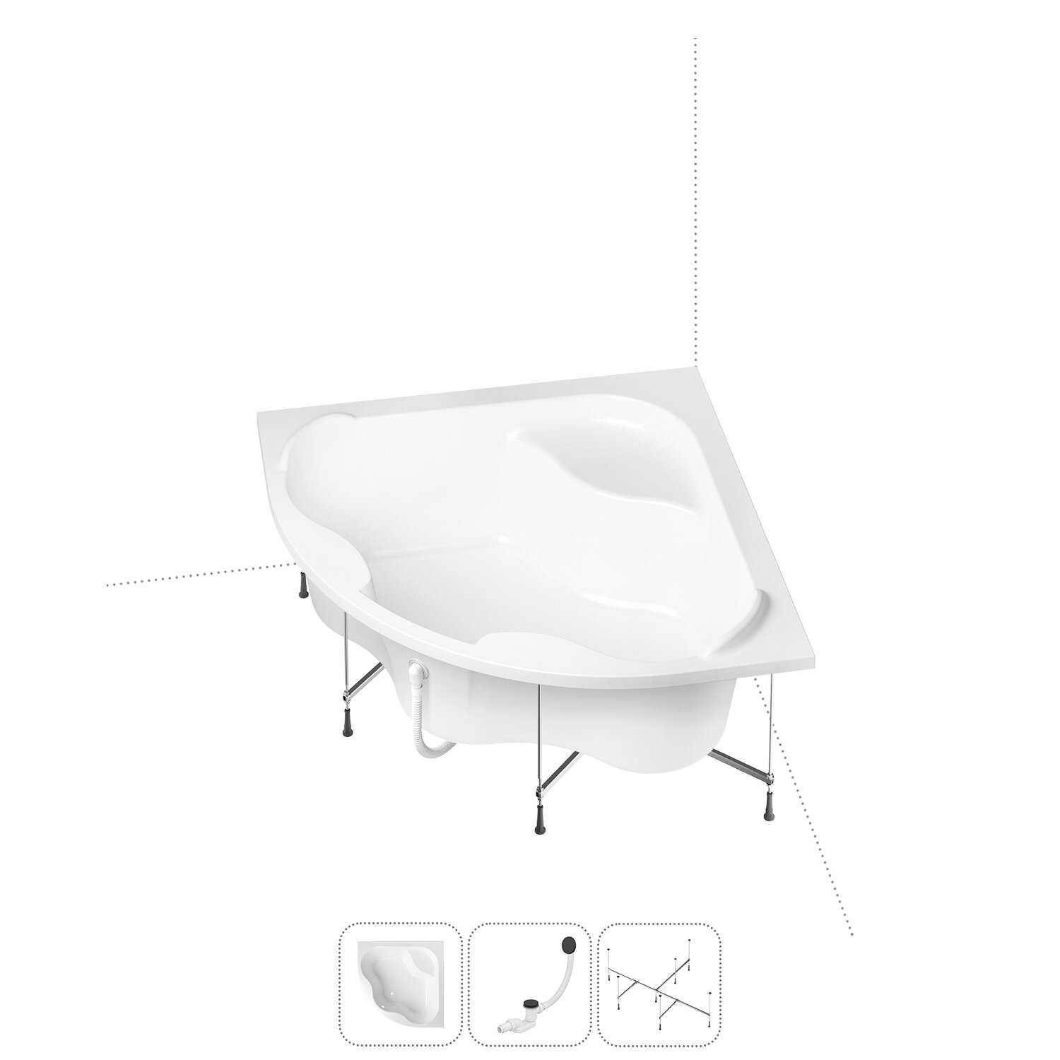 Угловая ванна акриловая 150 x 150 с каркасом Lavinia Boho Aveo 202011044 в наборе 3 в 1: акриловая ванна, слив-перелив, каркас