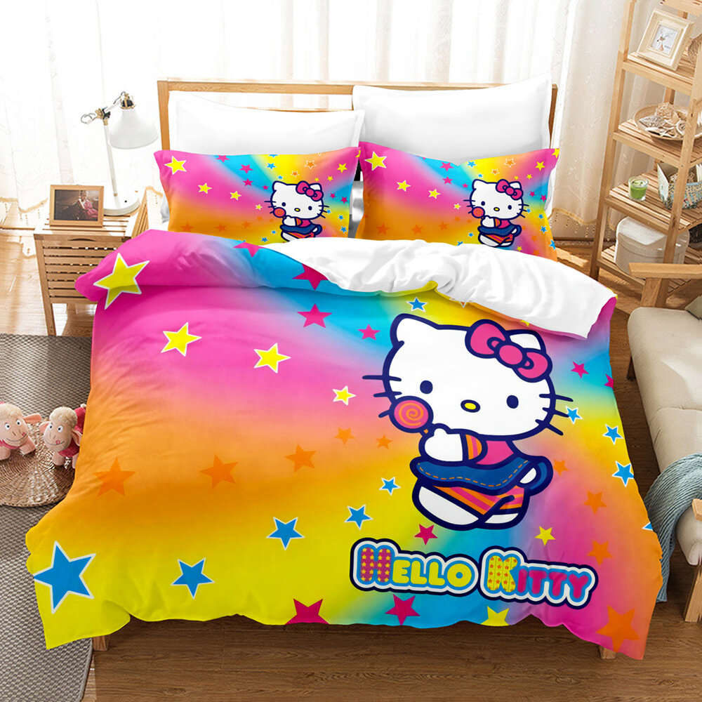 Комплект из трех предметов KT Cat Hello Kitty с рисунком из мультфильма, простыня, пододеяльник, комплект постельного белья с рисунком из мультфильма с 3D-печатью, разные размеры