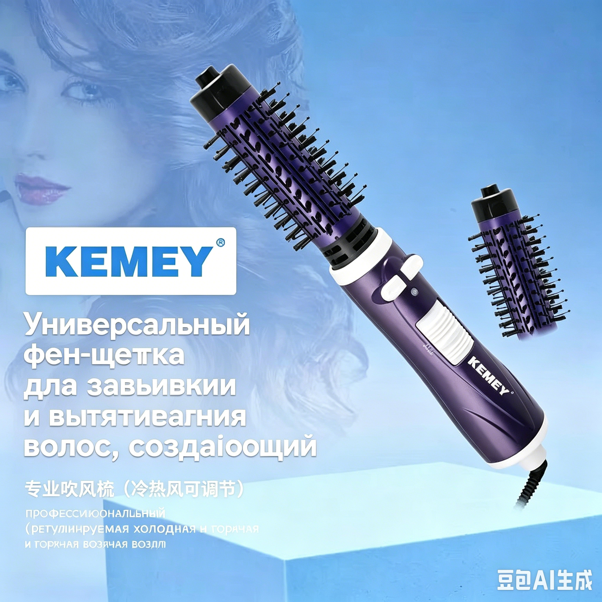 Фен-щетка KEMEY, универсальная укладка, сушка и завивка волос, ионизация