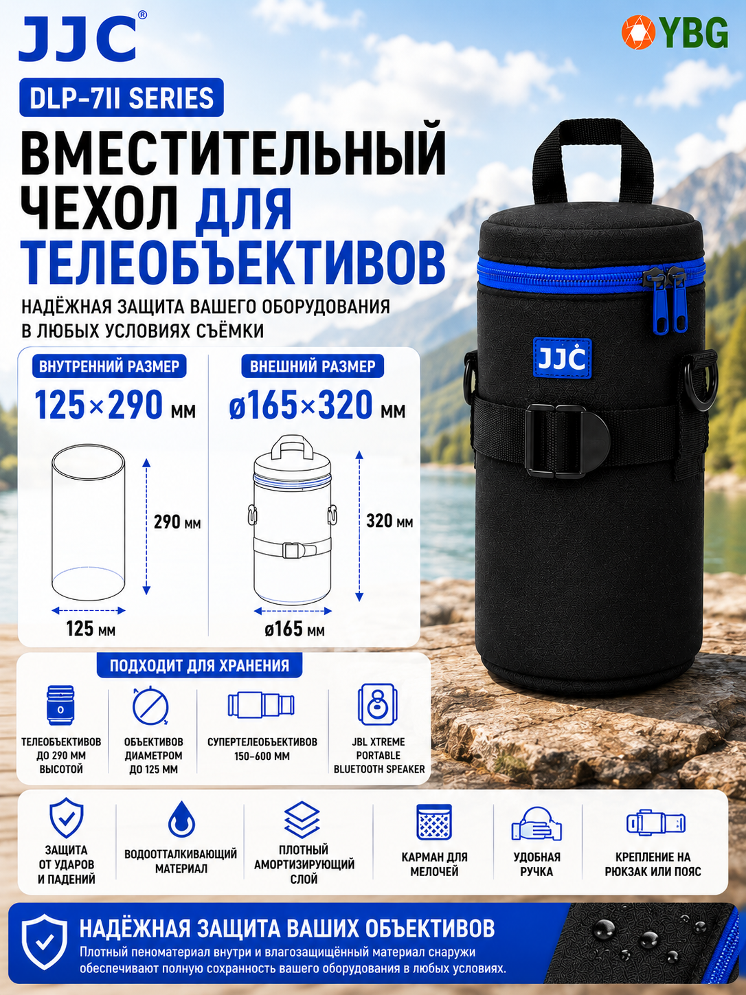 Чехол для объектива JJC DLP-7II, синий/черный, плечевой ремень, ручка для переноски