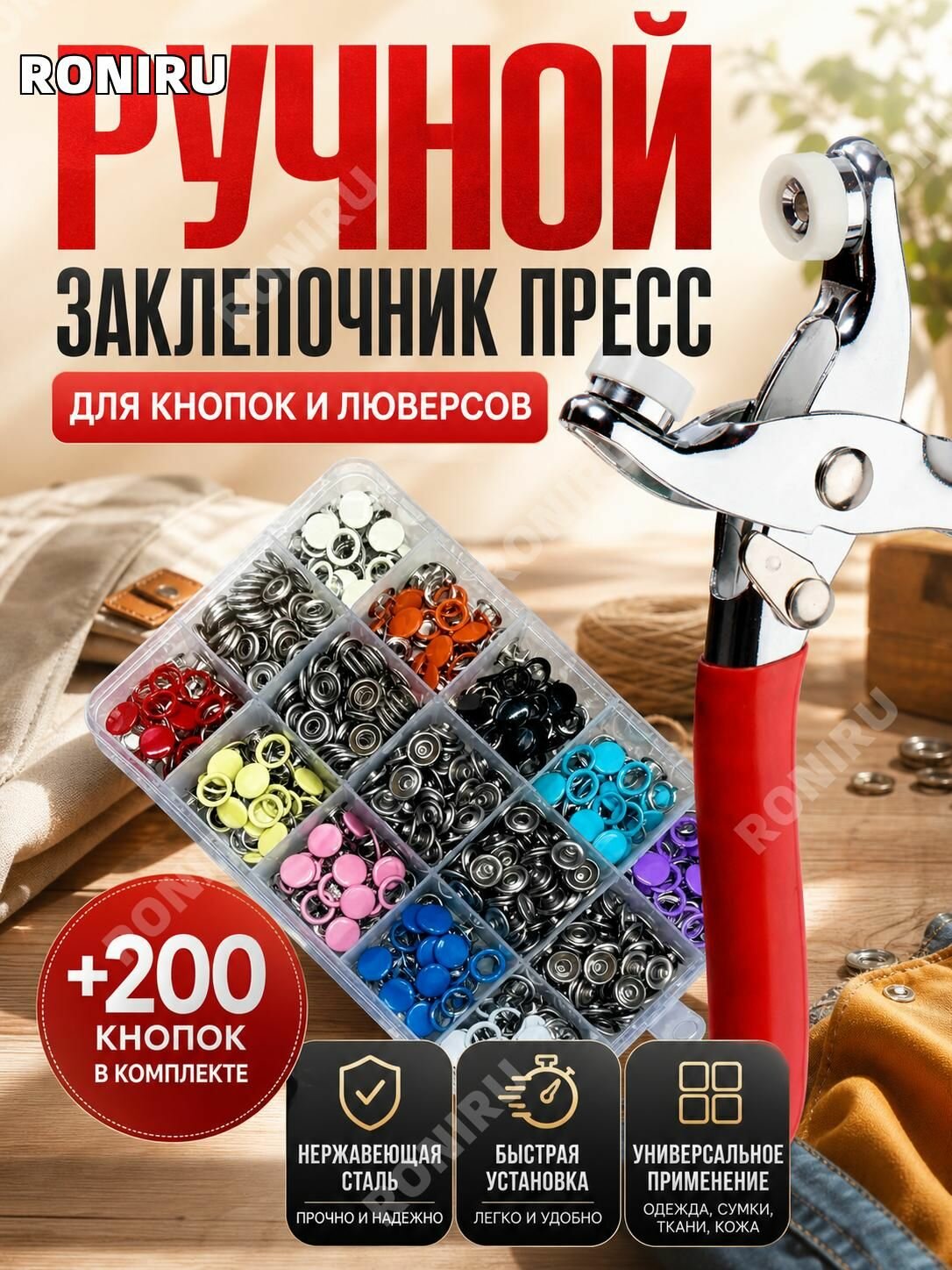 Ручной заклепочник пресс щипцы для кнопок и люверсов, набор для клепки одежды, сумок и тканей с 200 заклепками в комплекте, универсальный клепальный инструмент для домашнего ремонта и творчества