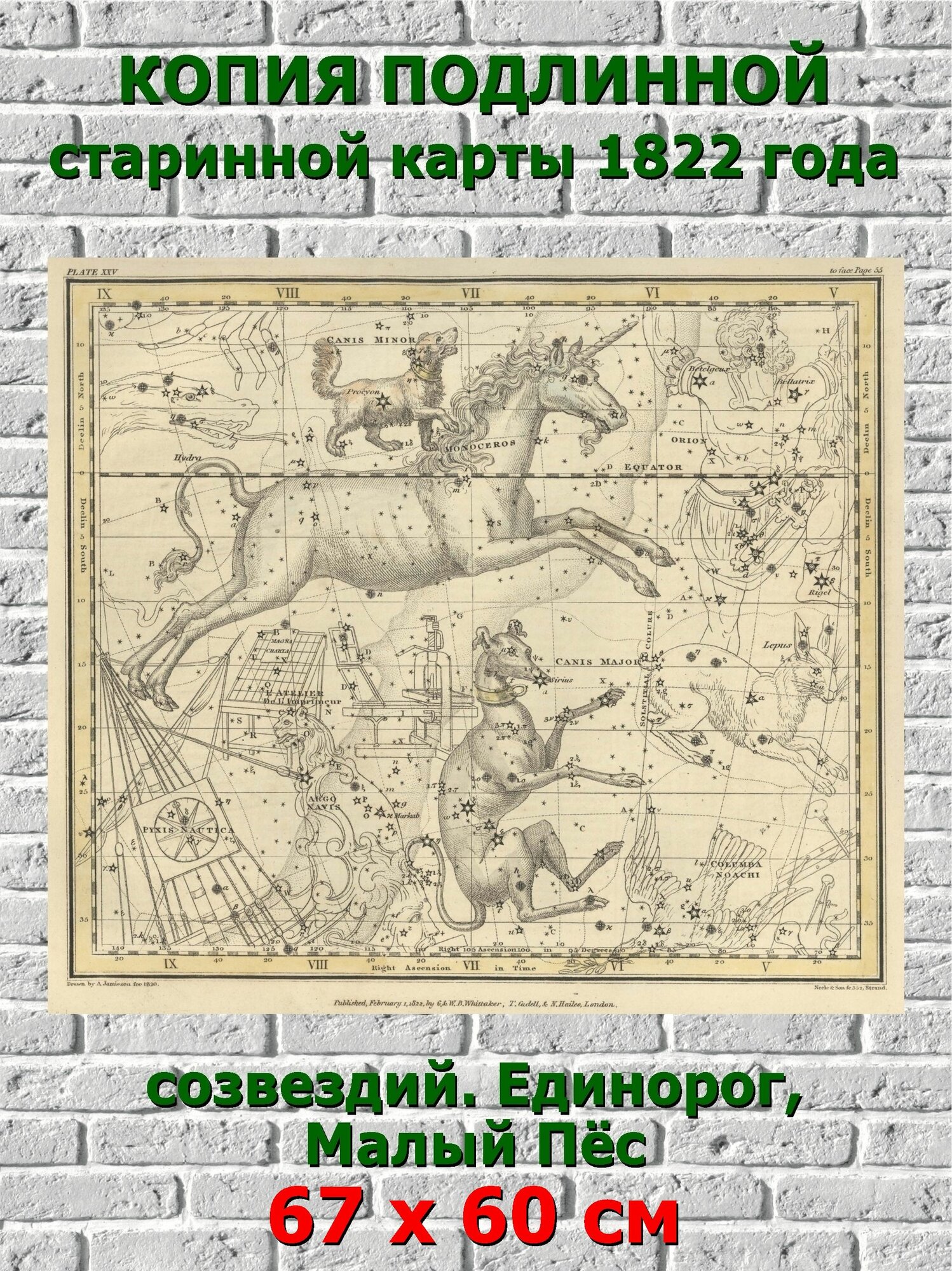 Старинная Карта созвездий. Единорог, Малый Пёс. (репринт карты 1822 года).