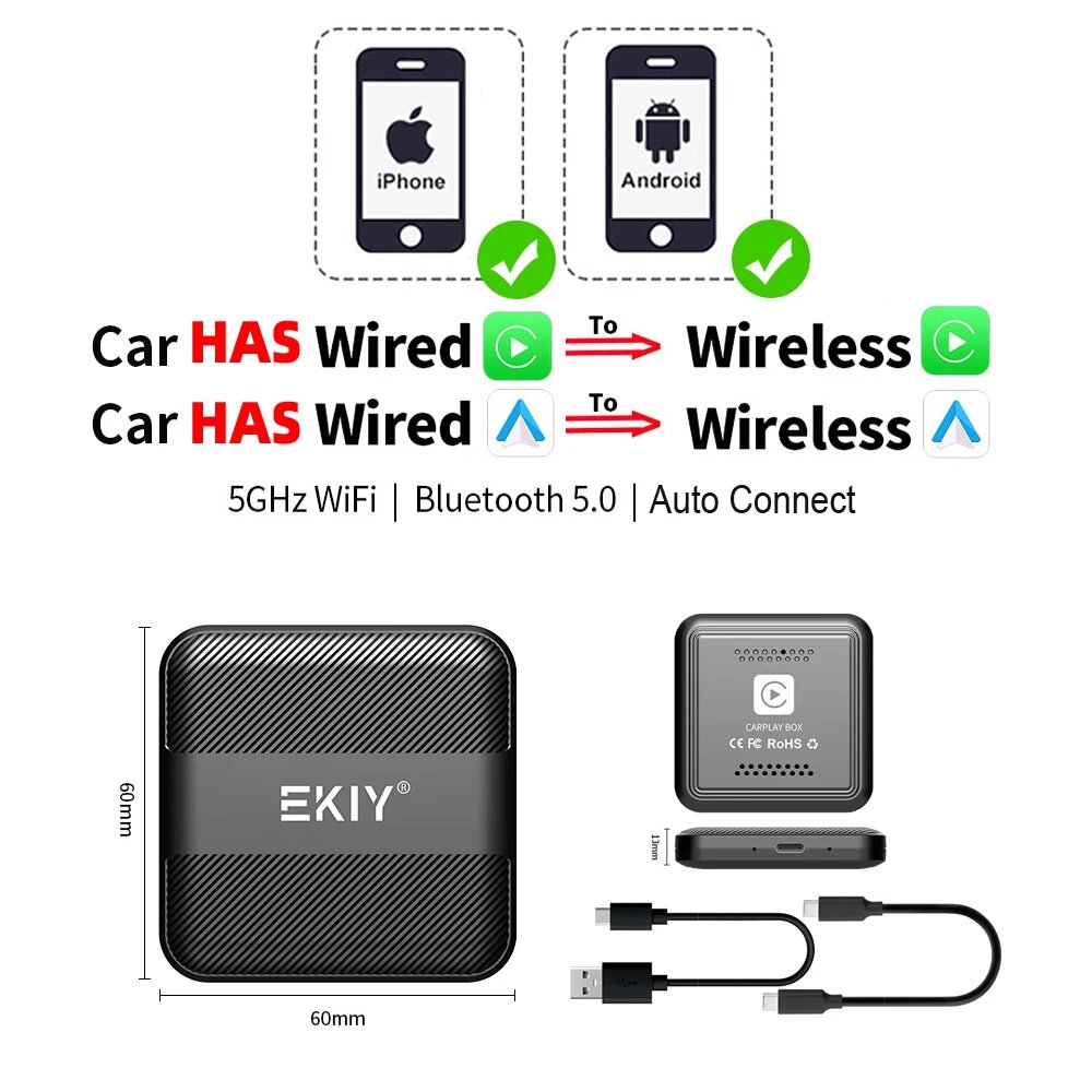 EKIY EC05 Mini Car Play Box Проводной к беспроводному адаптеру Carplay Android Auto Smart Ai Box Bluetooth WiFi Spotify Connect Smart USB