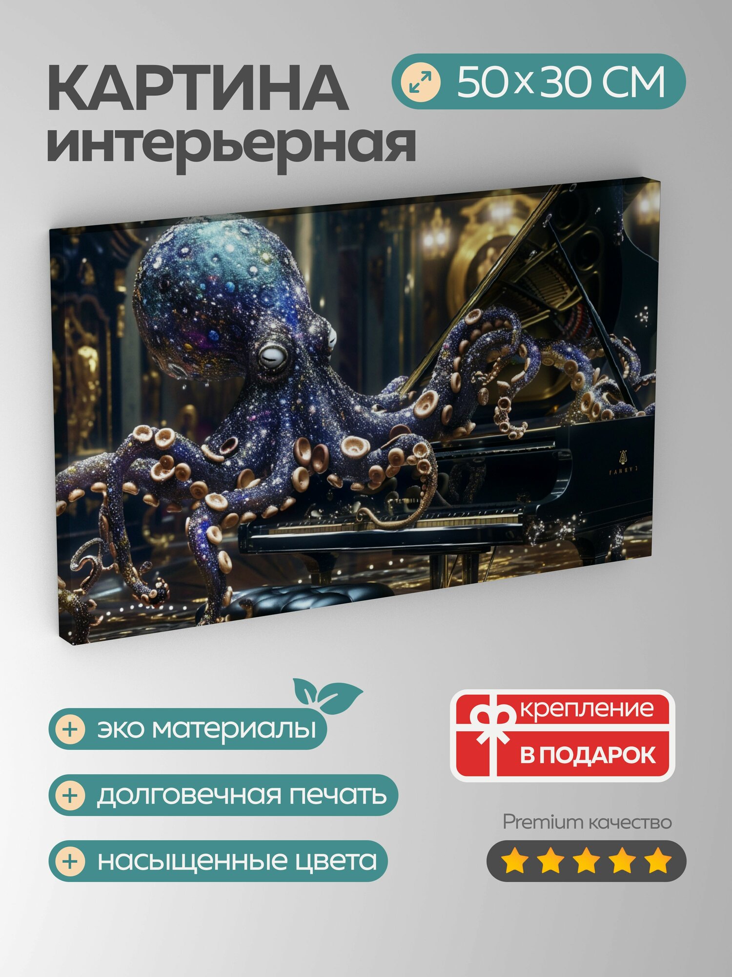 Картина на холсте интерьерная 50х30 см, цифровая иллюстрация, осьминог, гиперреалистичный стиль, рояль, изящество