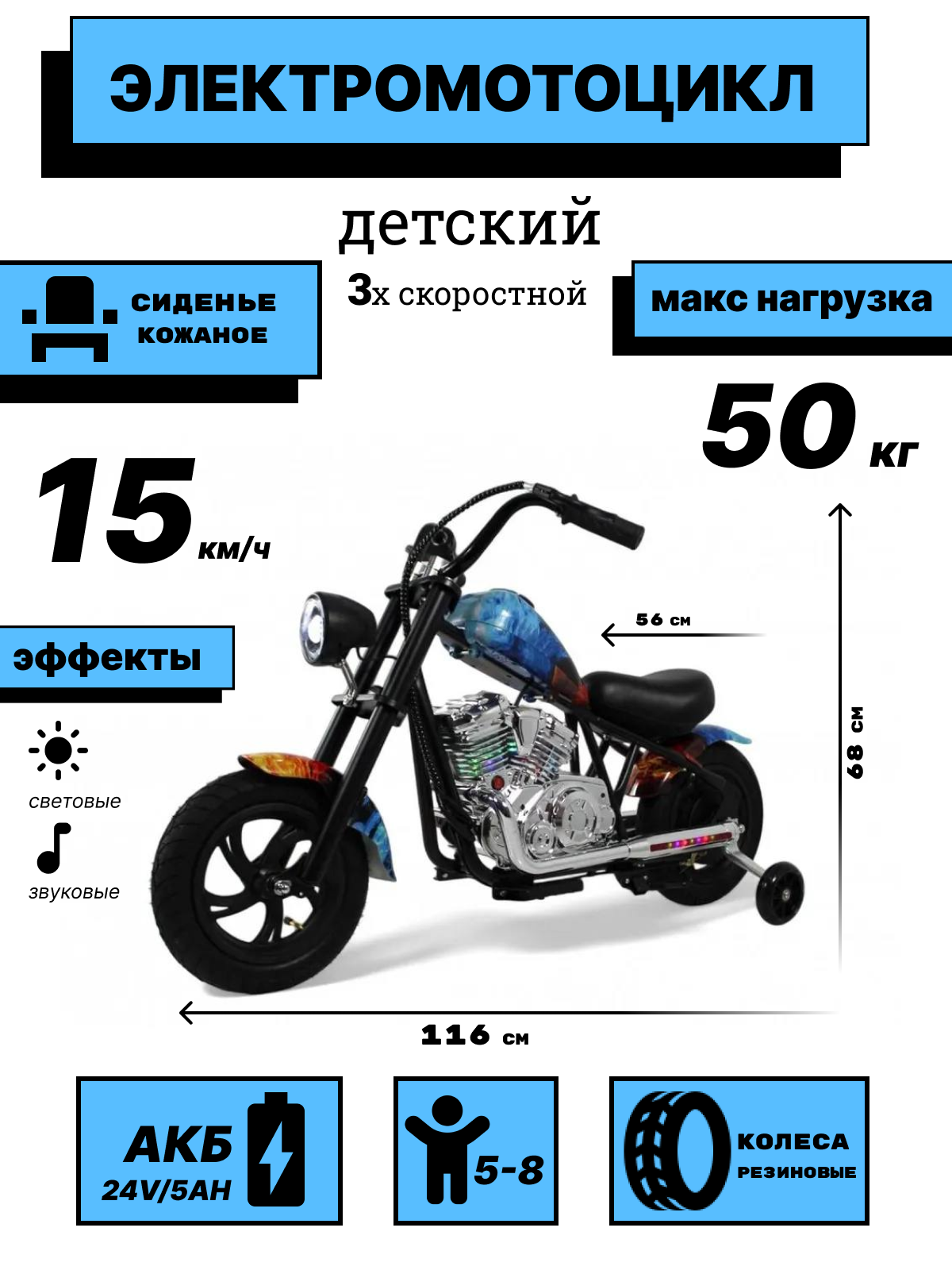Детский электромотоцикл M777ML голубой