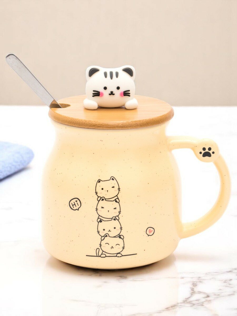 Кружка Милые котики на крышке 340 мл, желтая, с ложкой, для чая и кофе, женская, подарочная