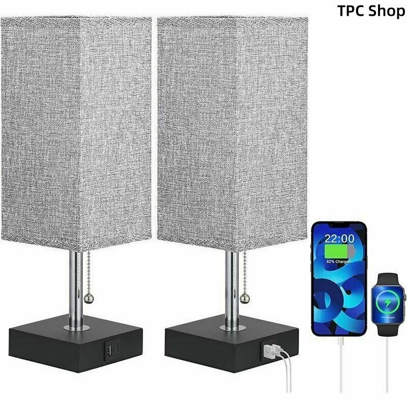 Настольная лампа USB Прикроватные Настольная лампа с 2 полезными портами для зарядки USB, Деревянная тумбочка с тканевым абажуром Идеально подходит для спальни, гостиной, кабинета (комплект из 2)