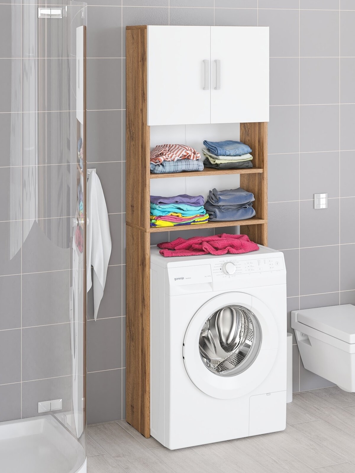Шкаф-пенал РВК ШВ для стиральной машинки в ванную с полками и дверками РВК, дуб вотан/белый, 64х25х192,2 см