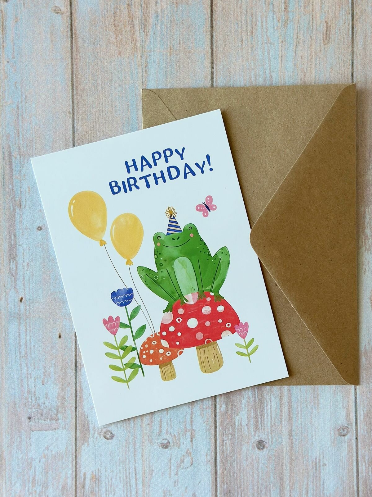 Открытка библиотека "Happy Birthday" с лягушкой, 10,5x14,8см, крафтовый конверт в подарок