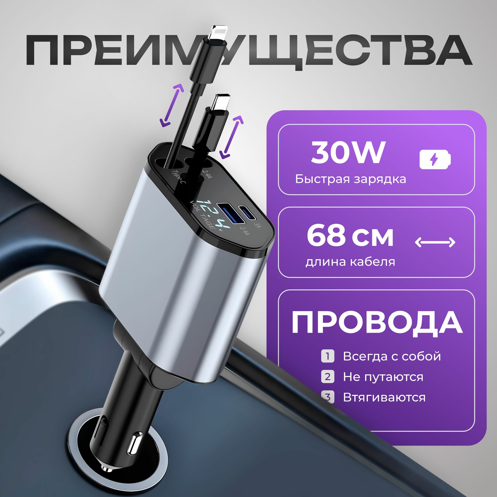 Автомобильное зарядное устройство 2 разъема, защита от перегрузки, поддержка Qualcomm Quick Charge