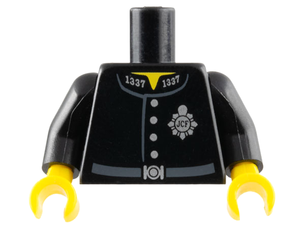 Torso Police Uniform Jacket with Silver '1337' on Collar, Badge with 'JCF', and Buttons, Dark Bluish Gray Belt with Buckle, Yellow Neck Pattern / Black Arms / Yellow Hands, 973pb1511c01 Black U