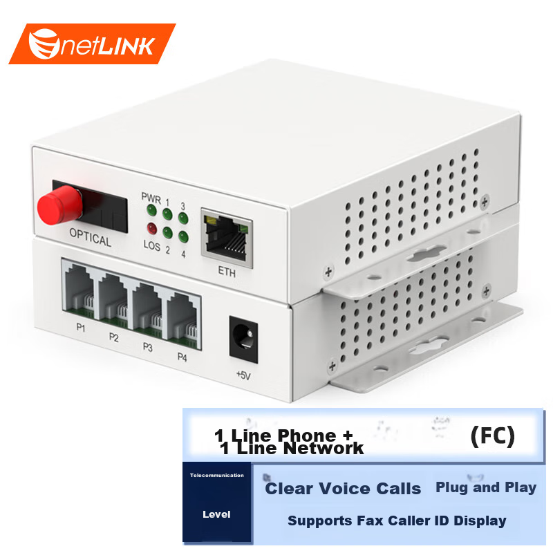 NetLINK HTB-WF1P1E, 1-Channel Telephone Optical Terminal + 1-Channel 100Mbps Network PCM Voice Optical Terminal, Telephone to Fiber Optic Converter, Extender, FC Port, One Pair