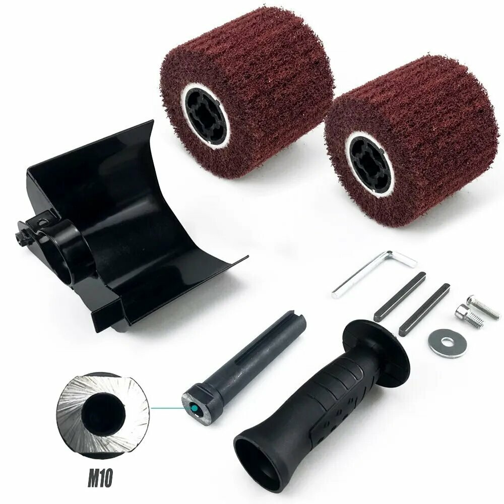 Защитный кожух, ролик, адаптер-вал М10, валик ( щетка ) Волокно+Карборунд для браширования Р80 * 2, ручка М10 Набор. Насадки для УШМ, болгарки для полирования, шлифования, браширования.