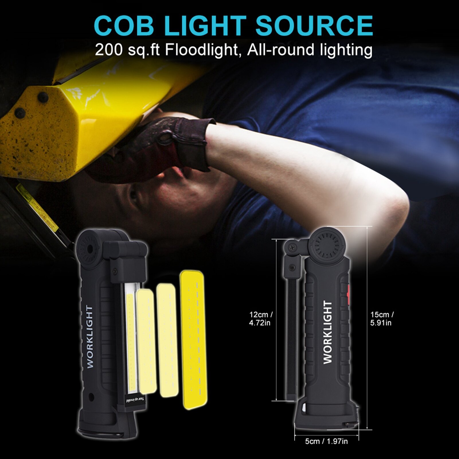 COB светодиодный рабочий фонарь с магнитным основанием, USB аккумуляторный фонарик IP65, водонепроницаемый для ремонта автомобилей, аварийный черный