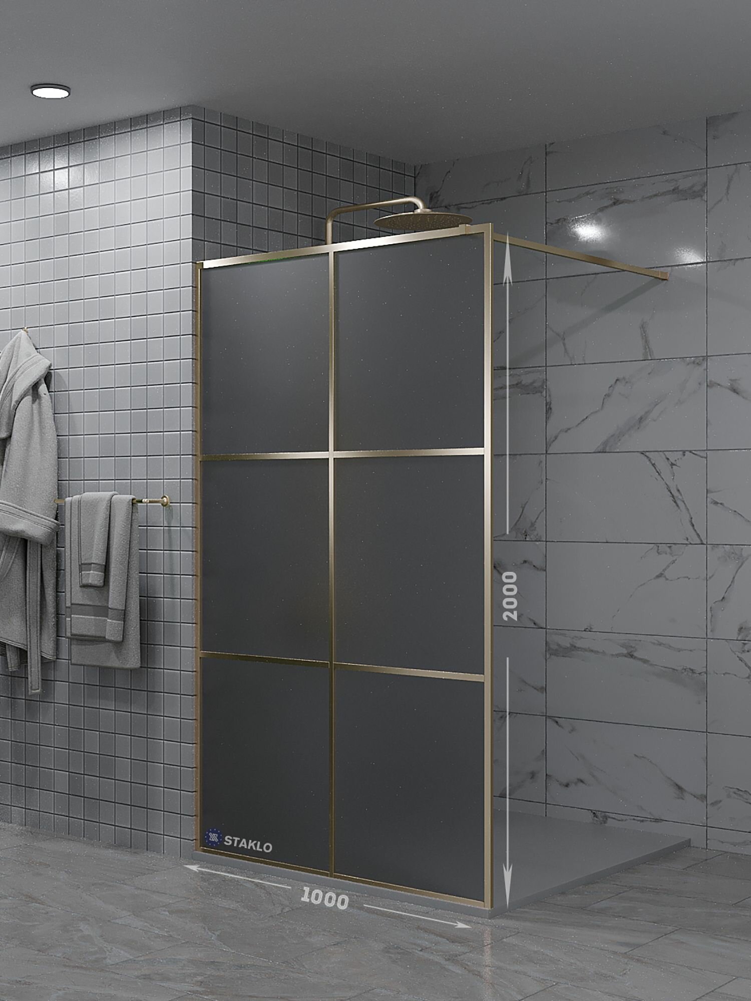 Loft душевая одиночная перегородка staklo 100x200 из серого графит матового стекла бронза фурнитура