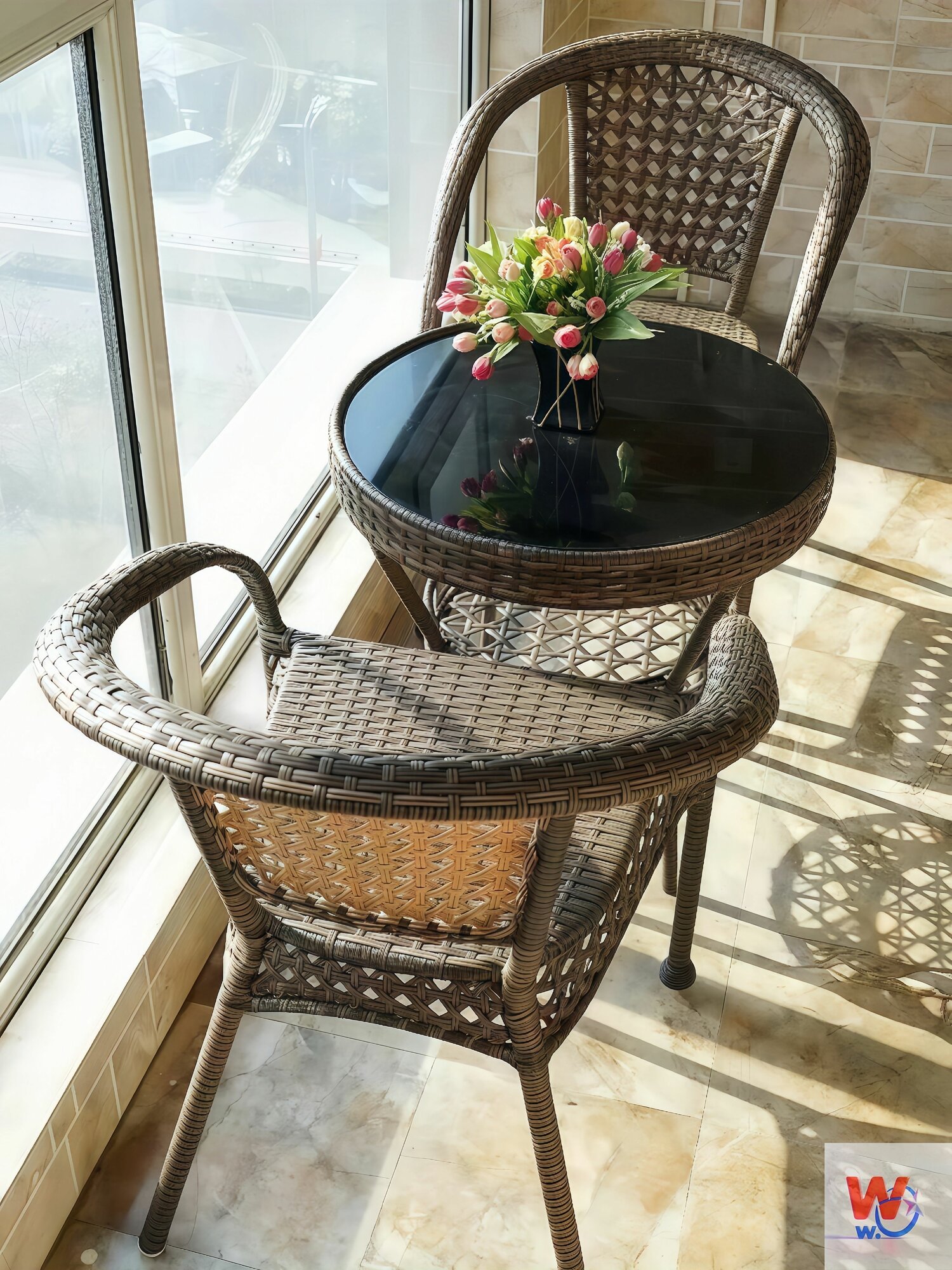 Комплект мебели для балкона/сада: стол 60см + стулья из искусственного ротанга с черной стеклянной столешницей