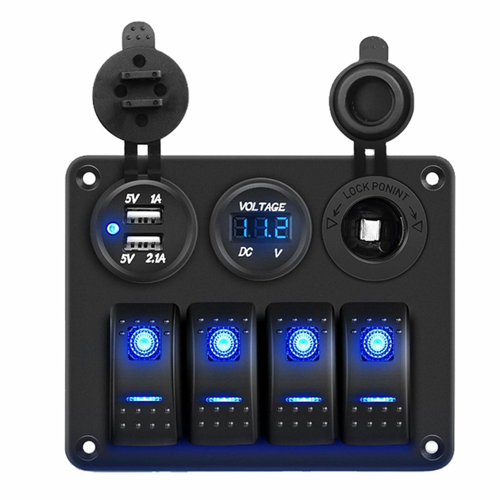 Комбинированная панель переключателей для авто/лодок: 4 тумблера, USB, вольтметр, прикуриватель, 12-24В