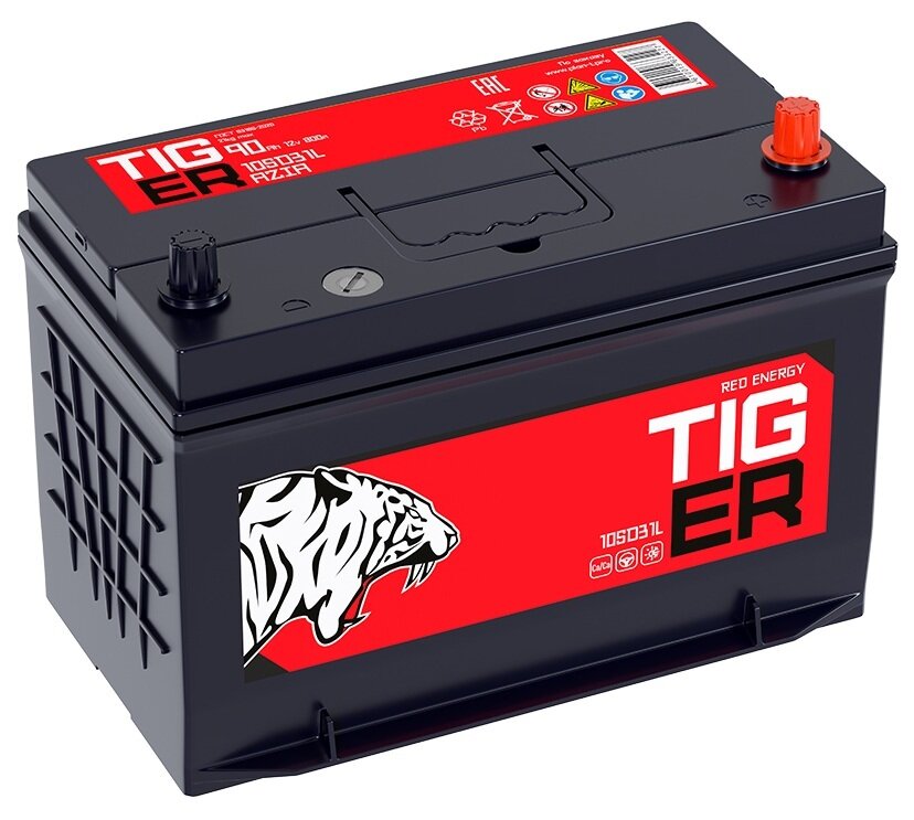 Аккумулятор автомобильный Tiger Red Energy 105D31L 90 А/ч 800 А обр. пол. Азия авто (302х173х225) с бортиком