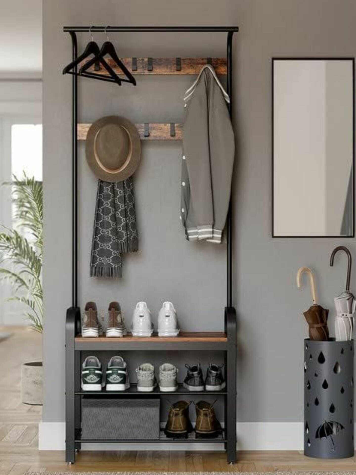 Вешалка напольная VASAGLE с полкой для обуви в прихожую Лофт/Cканди