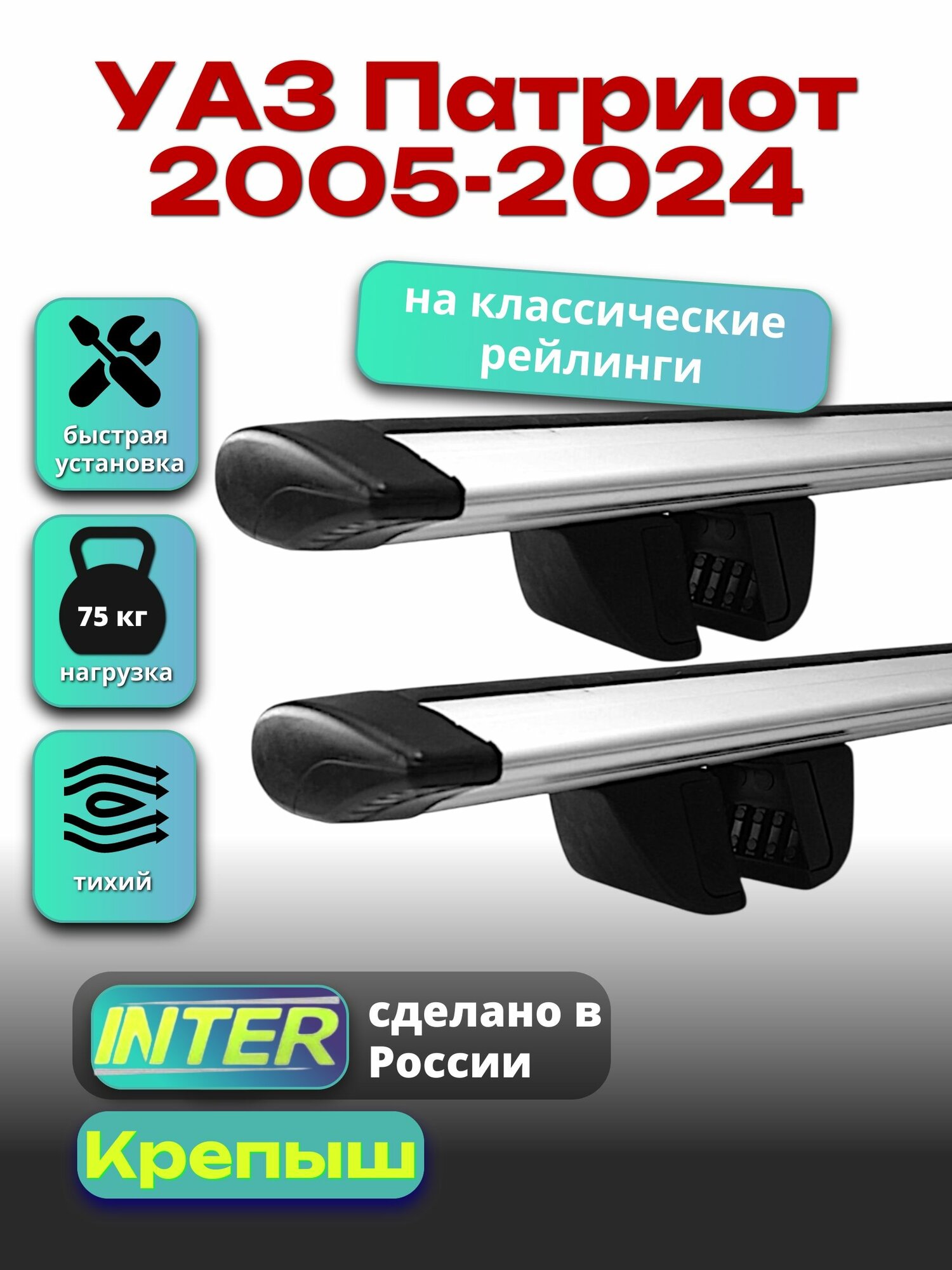 Багажник на крышу на УАЗ Патриот 2005-2024 (с рейлингами) INTER Крепыш, крыловидные дуги