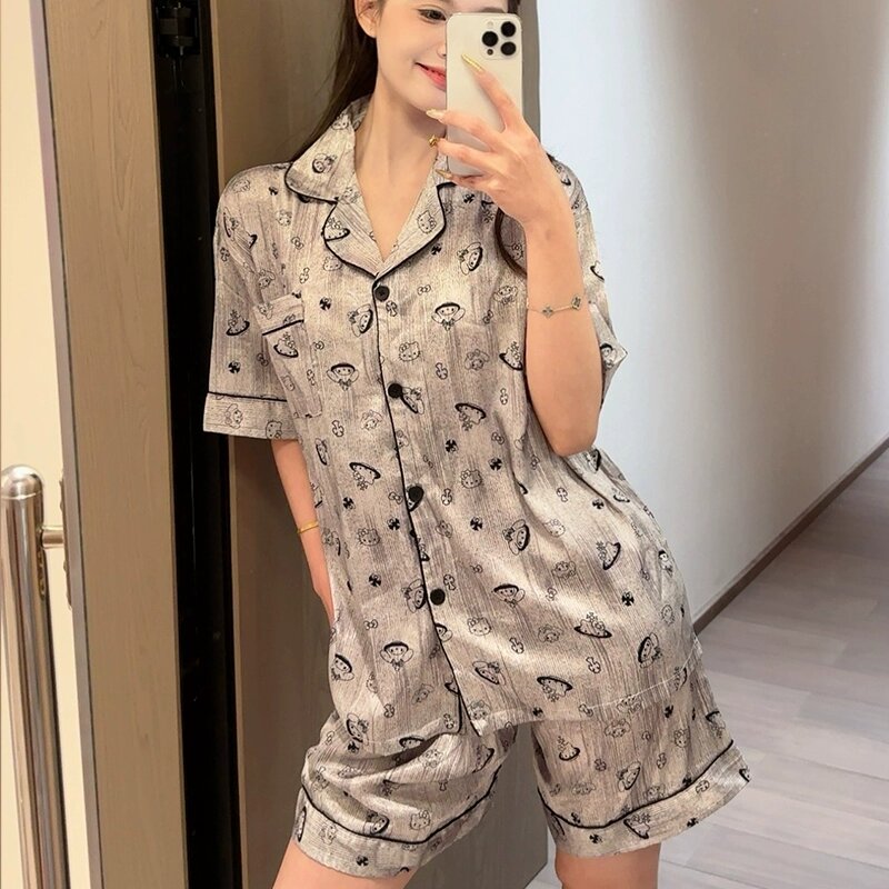 Пижама Hello Kitty Ice Silk с короткими рукавами, женская летняя тонкая повседневная одежда, милая летняя домашняя одежда для девочек