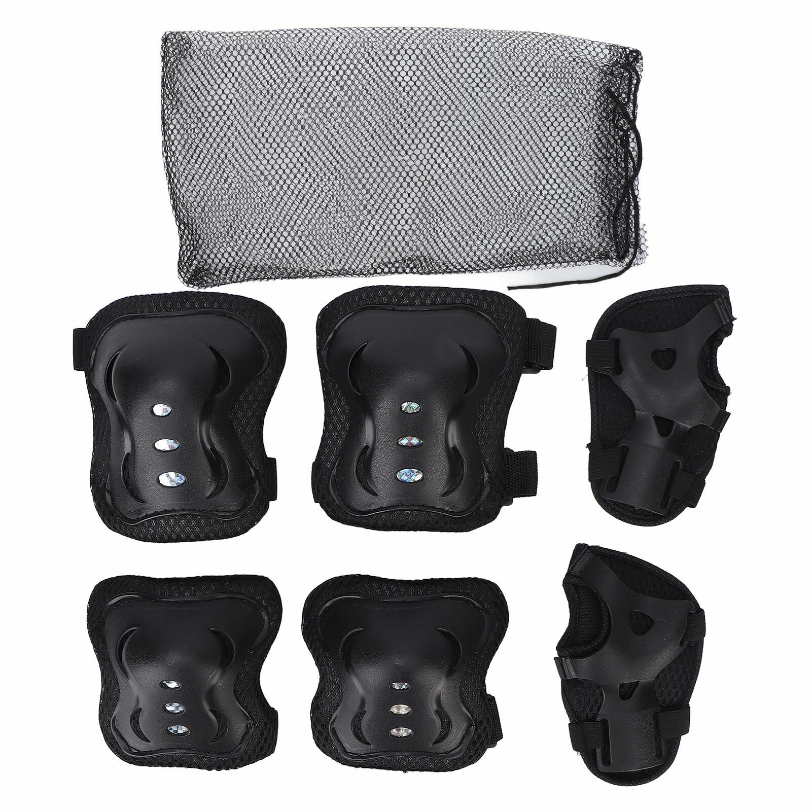 Детская защитная экипировка: стильные дышащие наколенники, налокотники, защита рук для езды на велосипеде и роликовых коньках, черные.