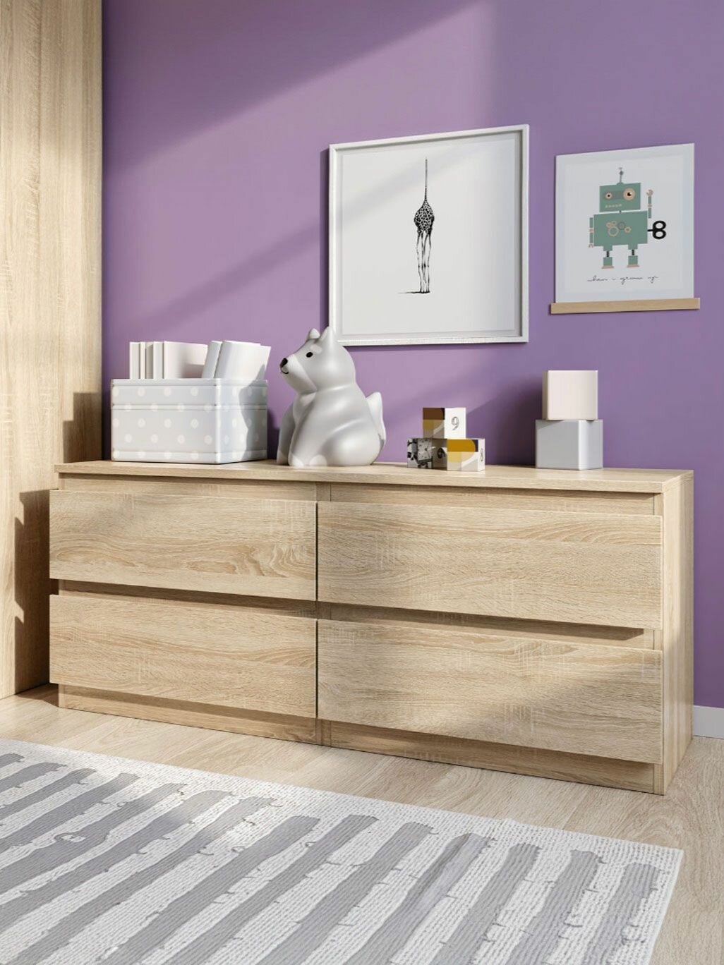 Комод для одежды и хранения вещей Кастор с ящиками, 130х40х54 см, Дуб Сонома