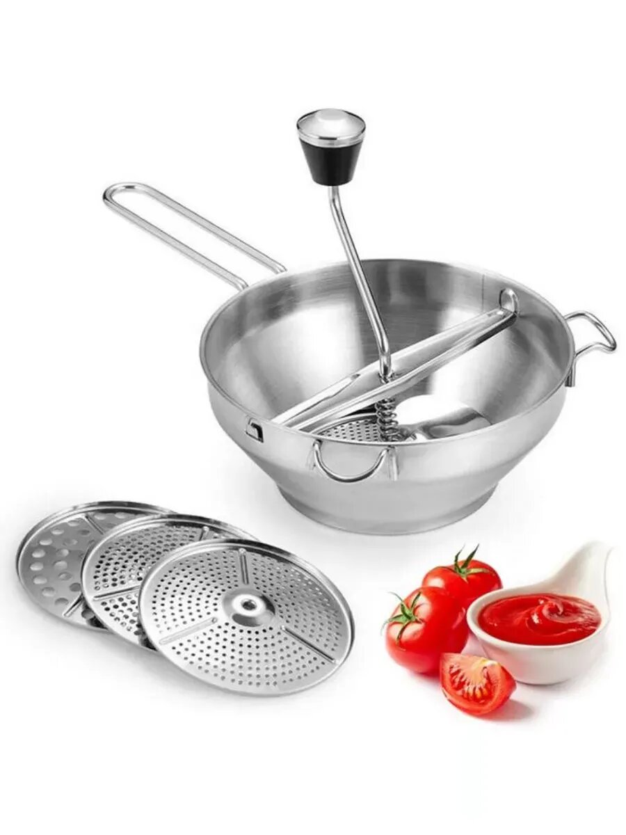 Сито для протирки овощей, фруктов и ягод, изготовленное из нержавеющей стали, диаметром 33 см, с 3 дисками
