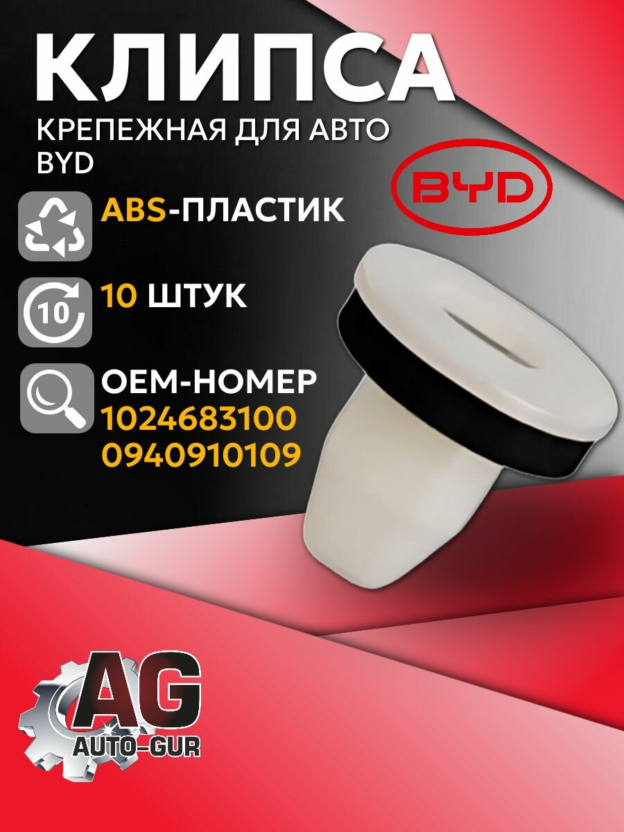 Клипса крепежная для панелей кузова BYD/Changan, 10 шт