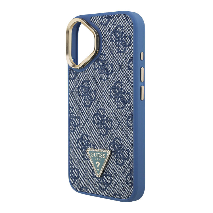 Guess чехол с подставкой для iPhone 16, PU-кожа 4G Triangle metal logo, синий (MagSafe)