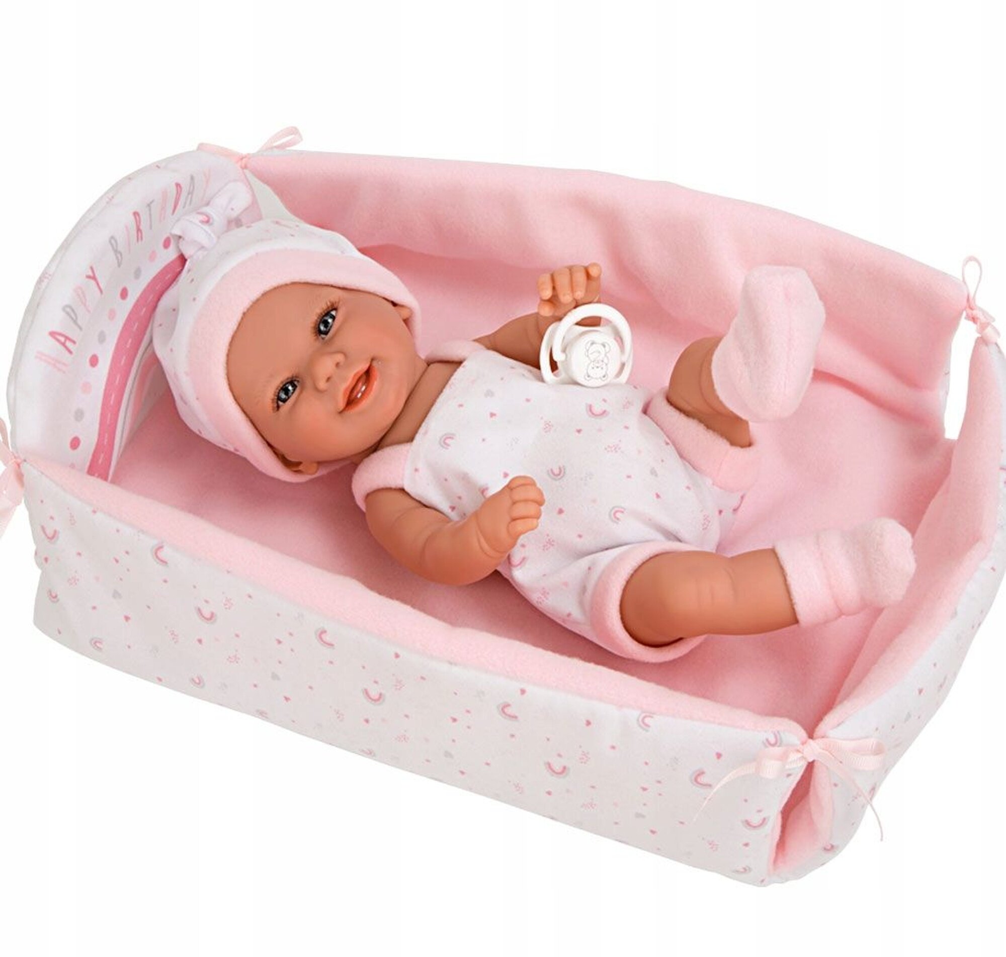 Испанская кукла Munecas Arias - Кукла девочка в комбинезоне и шапочке + мягкая кроватка для младенца - 60741