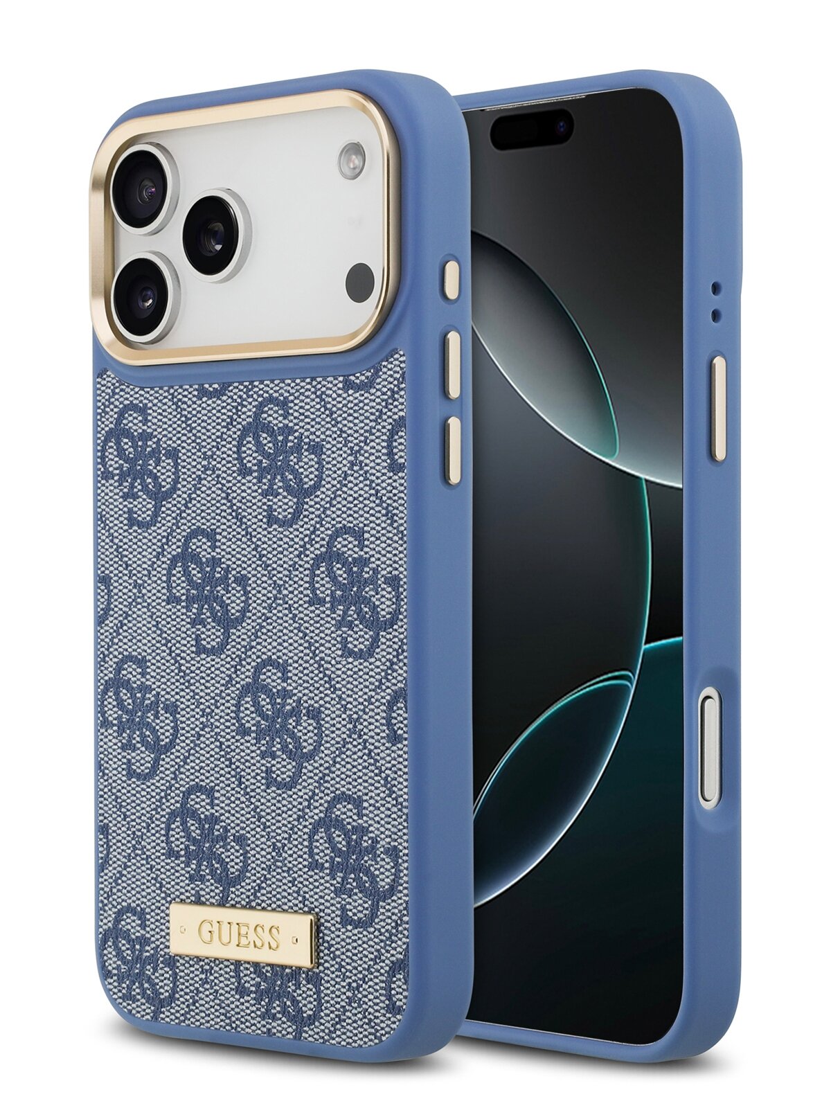 Guess чехол с MagSafe для iPhone 17 Pro Max, PU кожа с принтом 4G, Plate metal logo and Gold camera, синий