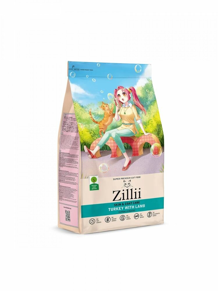 Сухой корм ZILLII Skin & Coat Care для взрослых кошек поддержка здоровья кожи и шерсти, индейка с ягнёнком, 400 г