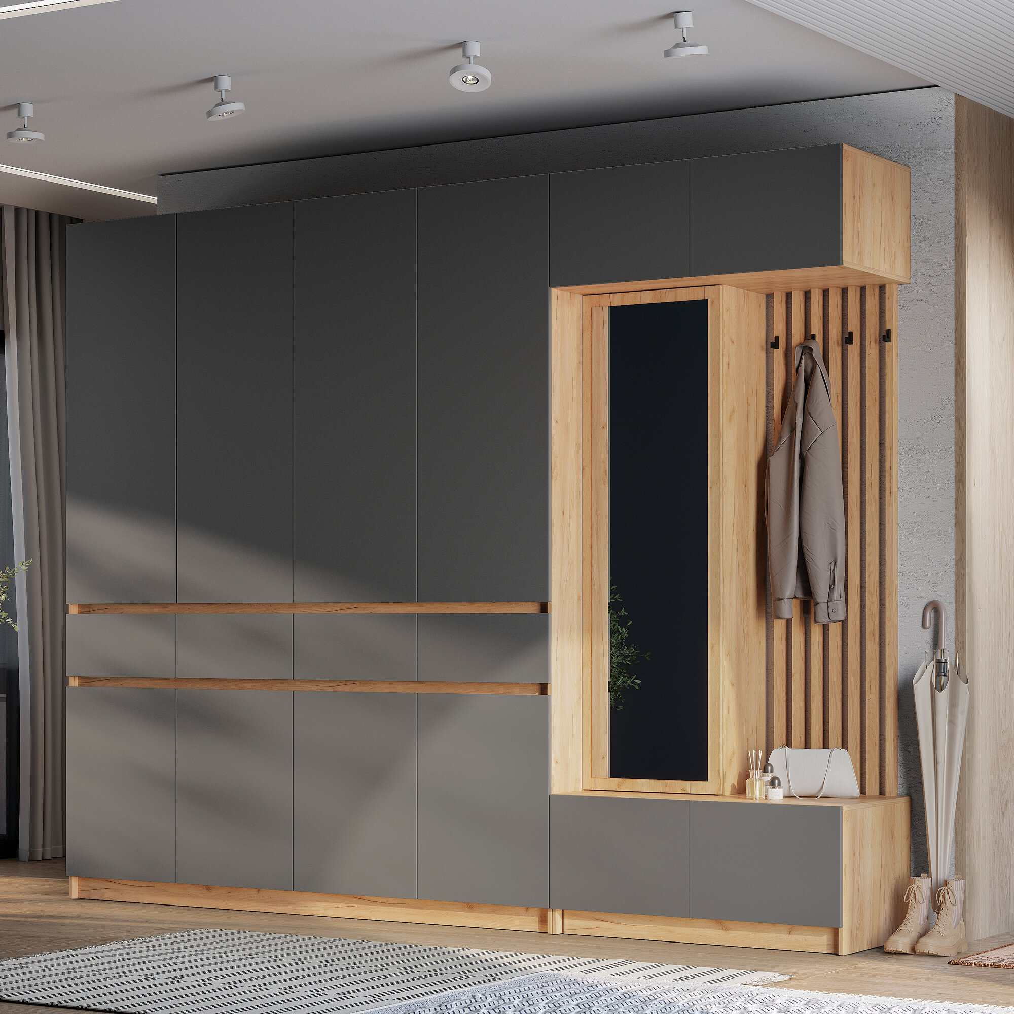 Прихожая Багира. 3 метра. С зеркалом. Модульная. Дуб золотой/графит