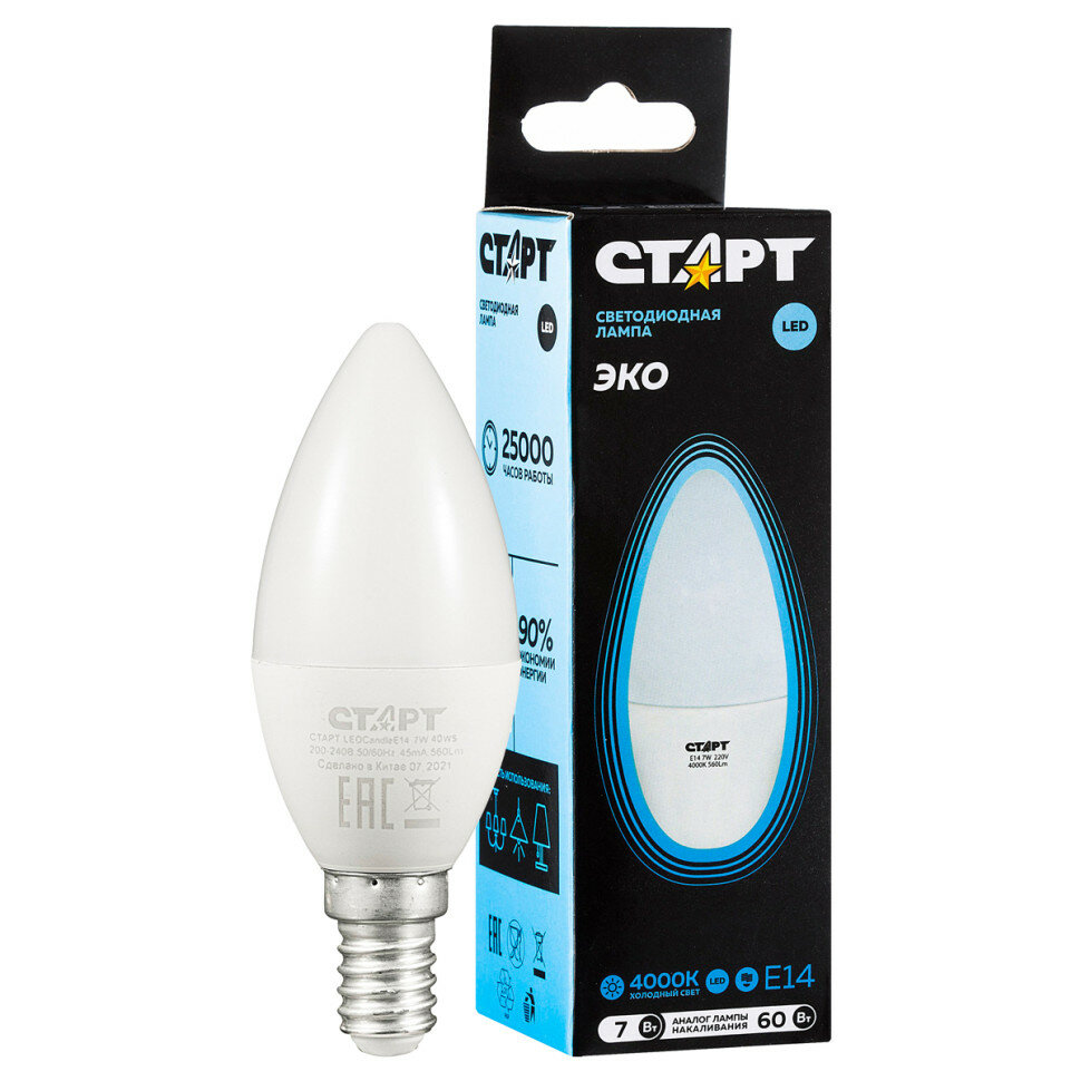 Лампа светодиодная Старт LED, серия "WS" 7W40, тип С "свеча", E14, 4000К, нейтральный свет, 25000ч, 385693